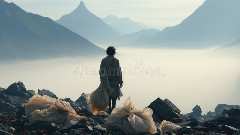 Man with Garbage Bags Cleaning Up the Waste Mountain, Cleaning Up while ...