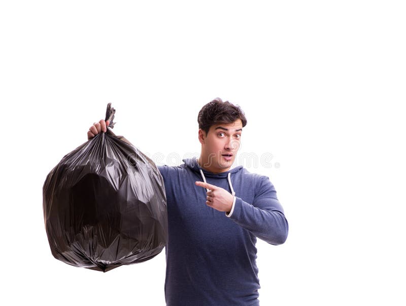 Man with Garbage Sack Isolated on White Stock Photo - Image of cleaner ...