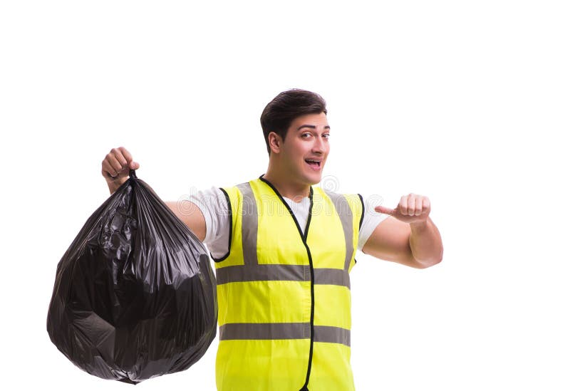 Man with Garbage Sack Isolated on White Stock Photo - Image of ...