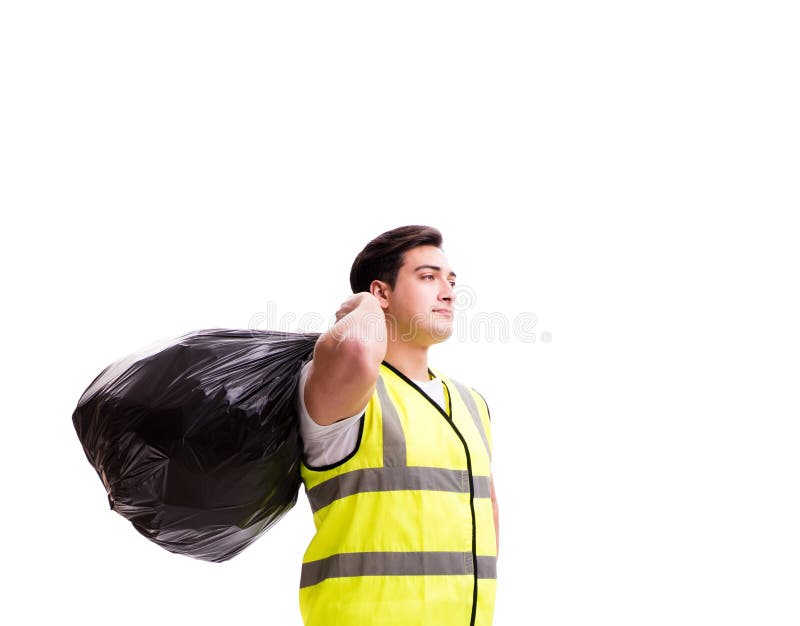 Man with Garbage Sack Isolated on White Stock Photo - Image of domestic ...