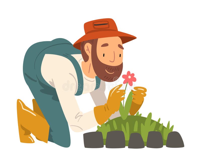 Man Gardener Planting And Admiring Flower Cheerful Male Farmer