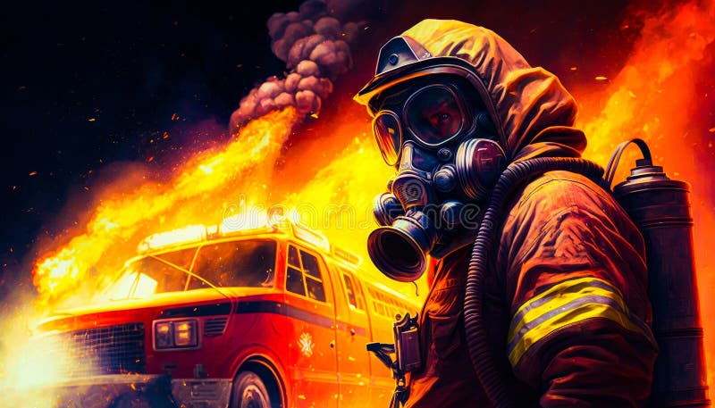Man in Gas Mask and Fire Truck. Generative AI Stock Illustration ...