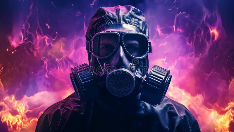 Man in Gas Mask with Flames and Smoke Backdrop, Dramatic Scene ...
