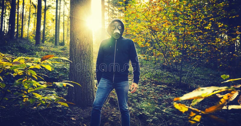 Man with Gas Mask in Forest Stock Image - Image of atmosphere ...