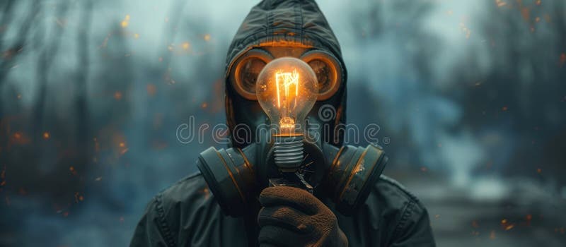 Man in Gas Mask Holding Light Bulb Stock Image - Image of light, bulb ...
