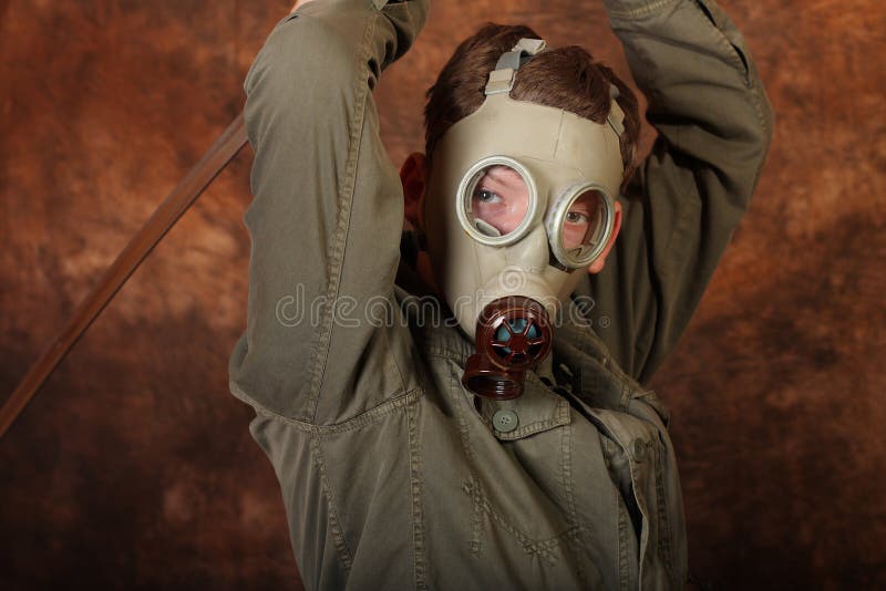 Man with Gas Mask and Katana Sword on Brown Batik Background Stock ...