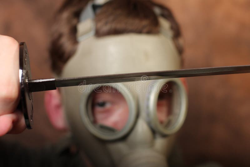 Man with Gas Mask and Katana Sword on Black Background Stock Photo ...