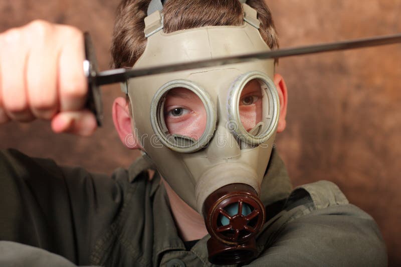 Man with Gas Mask and Katana Sword on Black Background Stock Photo ...