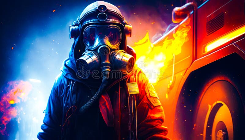 Man in Gas Mask Standing in Front of Fire Truck. Generative AI Stock ...