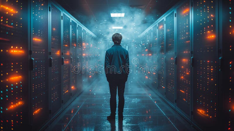 A Man Gazes at a Cluster of Servers in an Electric Bluelit Server Room ...
