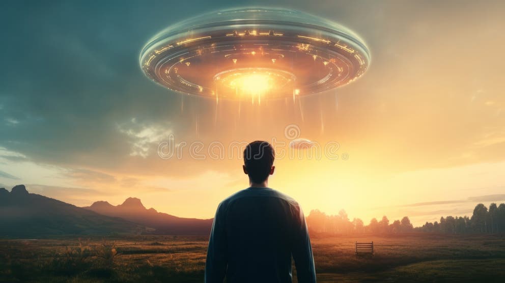 A Man Gazing at a Mysterious Object Soaring through the Sky Stock ...