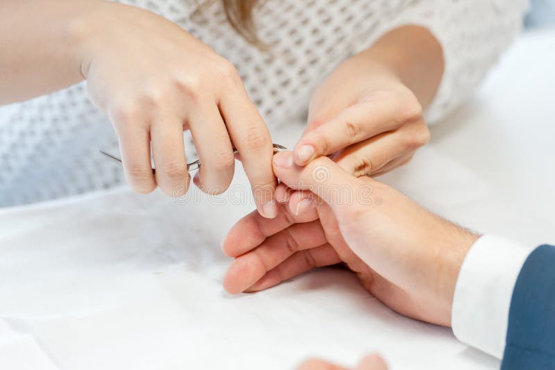 Man Gets His Manicure. Hands Closeup, Vertical View Stock Photo - Image ...