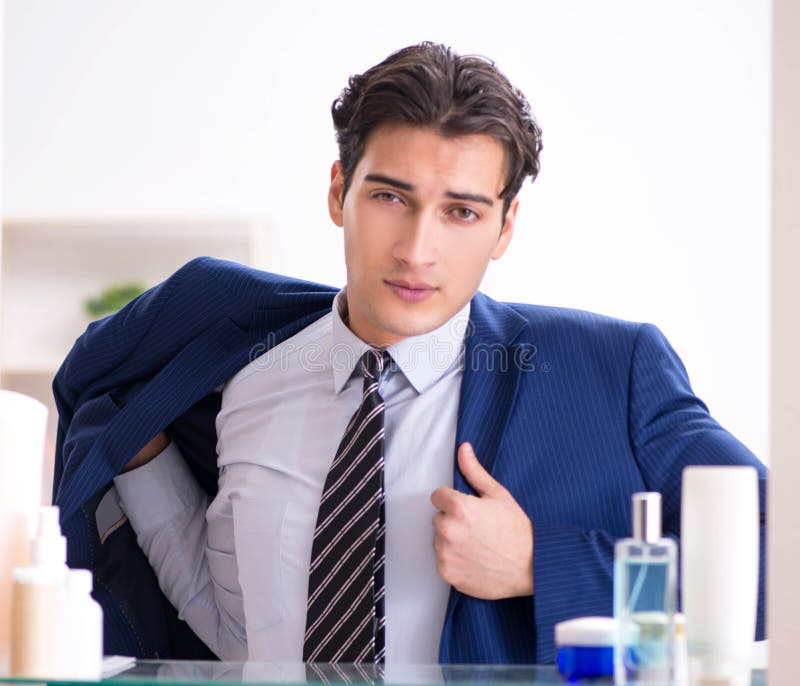 The Man is Getting Dressed Up for Work in Bathroom Stock Image - Image ...