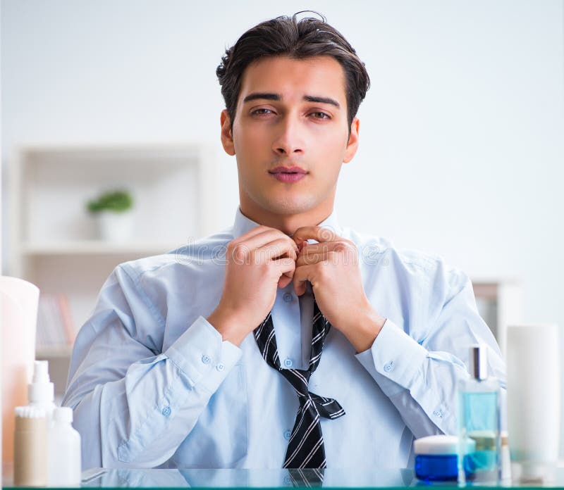 Man is Getting Dressed Up for Work in Bathroom Stock Image - Image of ...