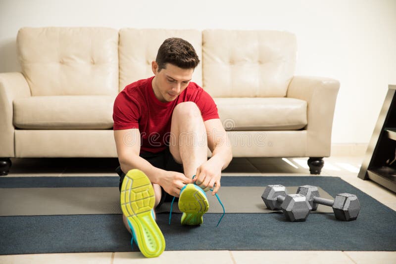Man Getting Ready To Exercise at Home Stock Photo - Image of training ...