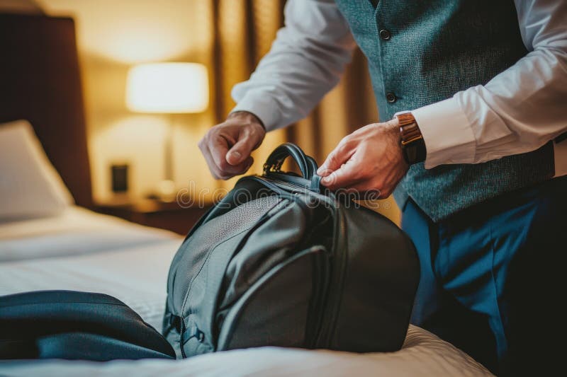 A Man is Getting Ready To Leave and is Pulling Out His Bag Stock Image ...