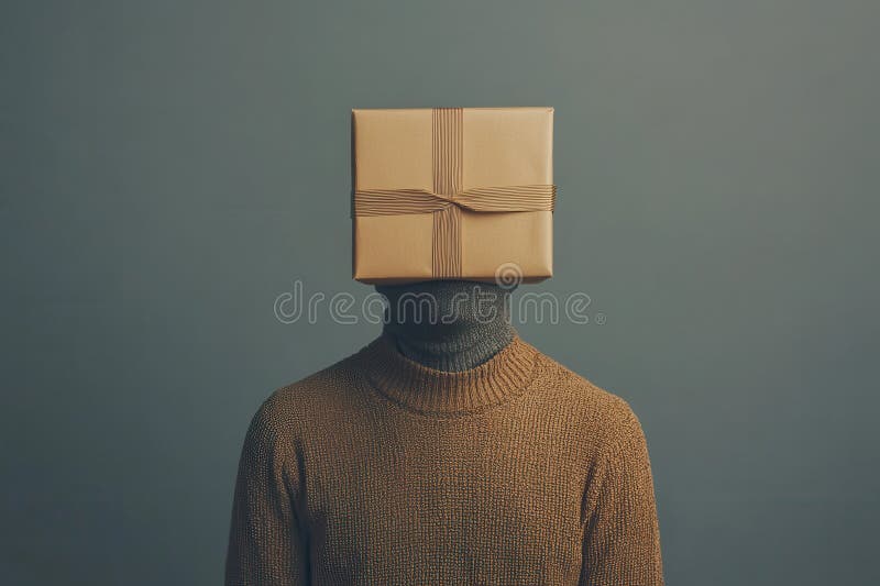 Man with a Gift Box for a Head Stands Against a Solid Light Studio ...