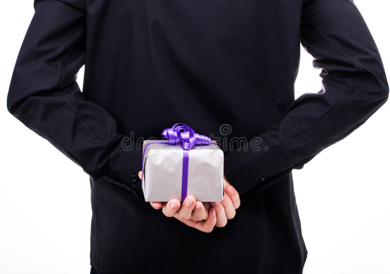 Holiday. Man Hiding Surprise Gift Box Behind Back Stock Image - Image ...