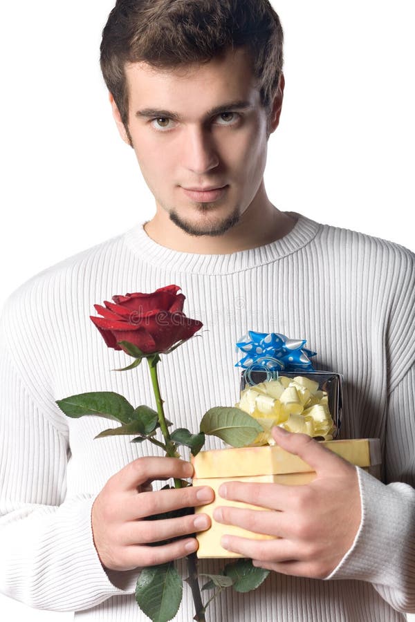 Man with gifts and rose stock image. Image of rosa, gift - 1657821