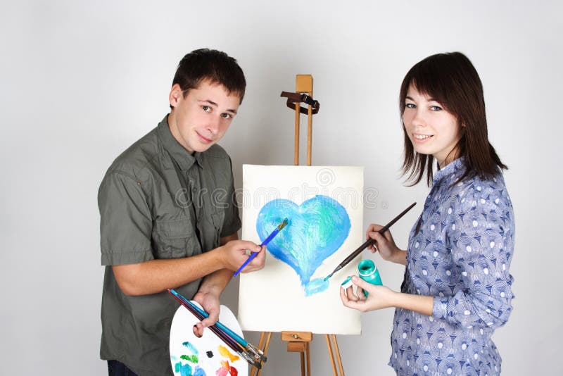 Man and Girl Painting Blue Heart Stock Photo - Image of friendship ...