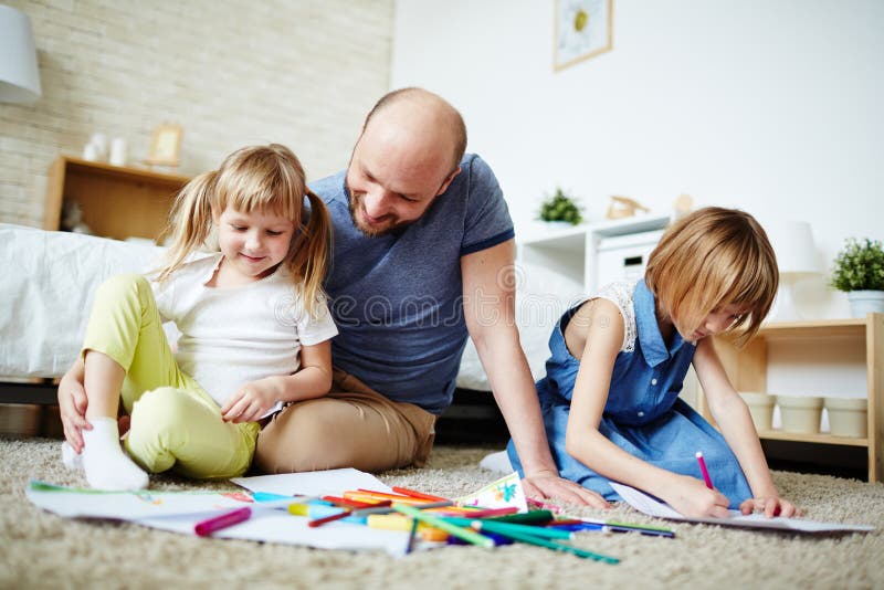Man and girls drawing stock photo. Image of girl, hobby - 71960532