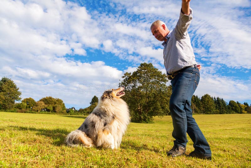 Man Giving Command To His Dog Stock Image - Image of order, landscape ...