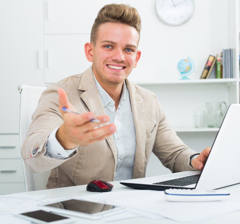 Man Giving Hand for Handshake Stock Photo - Image of desk, employee ...
