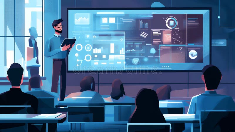 Man Giving a High Tech Presentation in a Modern Classroom Filled with ...