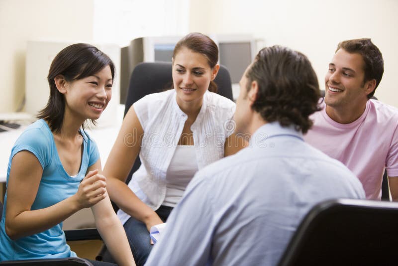 Man Giving Lecture To Three People Stock Photo - Image of employees ...