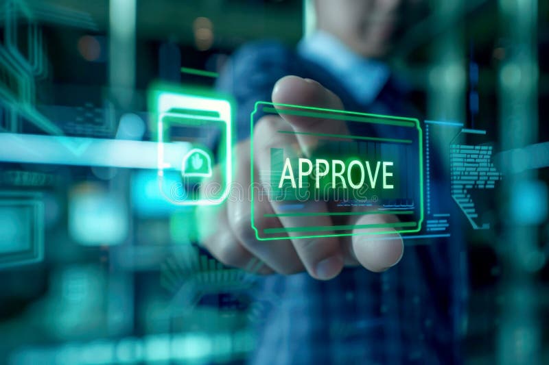 A Man is Giving a Pointing To a Green Screen that Says Approve Stock ...