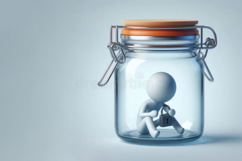 Man in a Glass Jar with Padlock, Locked in Isolation. Space for Text ...