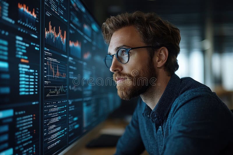 Concentrated Programmer Analyzing Data on Multiple Screens Stock ...