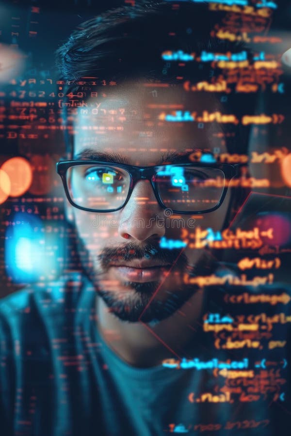Man Wearing Glasses Looking at Code on Screen Stock Illustration ...