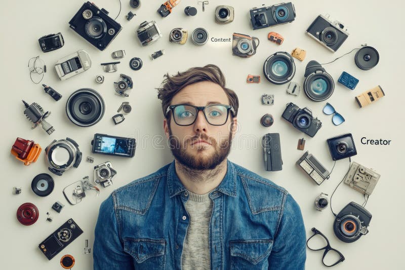 Content Creator Surrounded by Various Cameras and Equipment in a ...