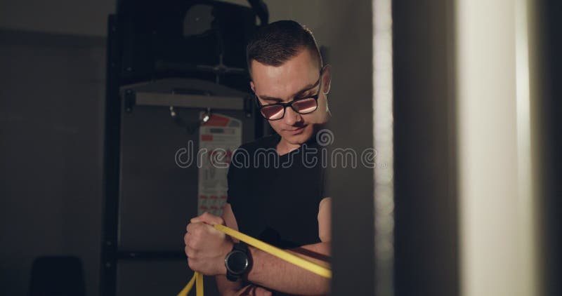 View of Male Inflated Arm with Veins during Pulling Loop with Hand in ...