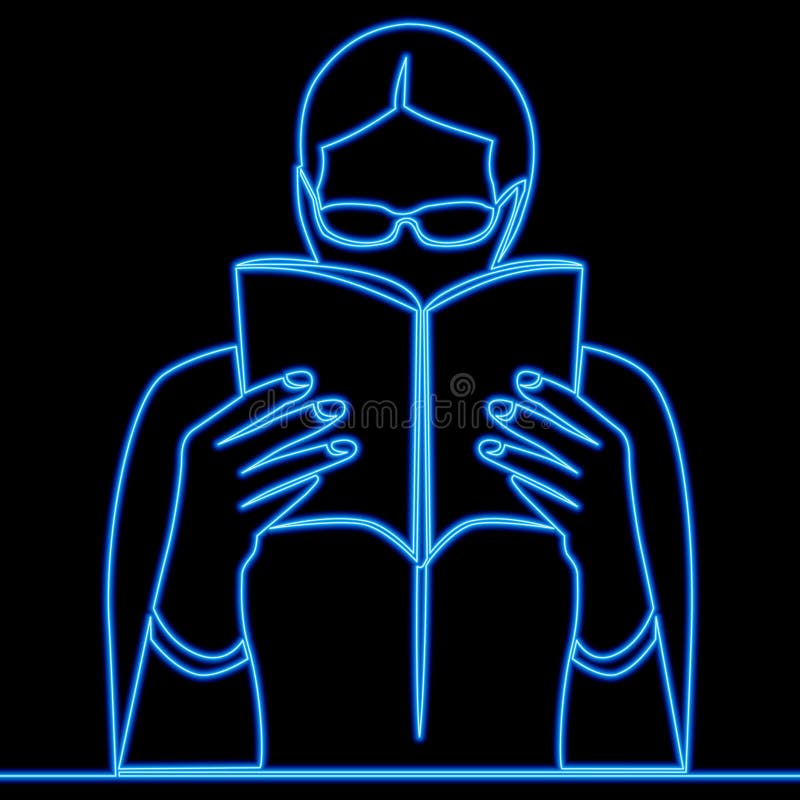 Man with Glasses Reading a Book, Study, Knowledge Symbol Icon Neon Glow ...