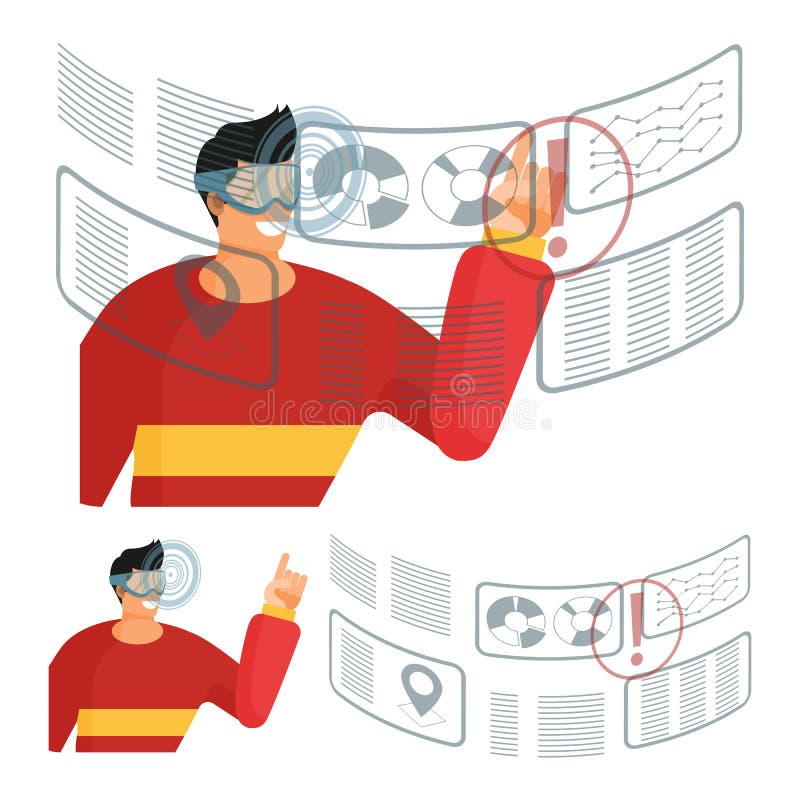 Man in Glasses and a Red Sweater Interacts with a Data on Futuristic ...