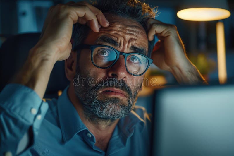 Worried Man Staring at Computer Screen Stock Illustration ...
