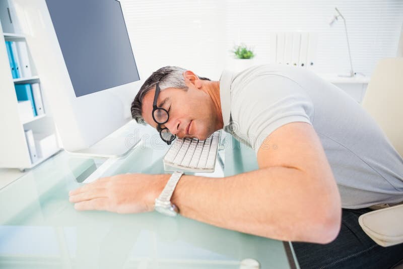 Man with Glasses Sleeping on the Keyboard Stock Photo - Image of ...