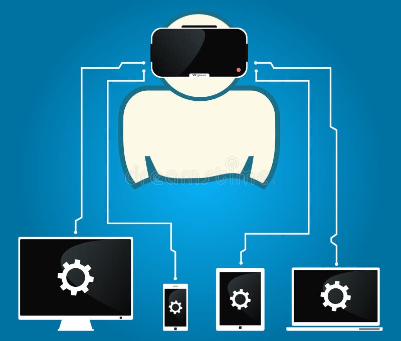 Man with Glasses of Virtual Reality are Connected To Devices Stock ...