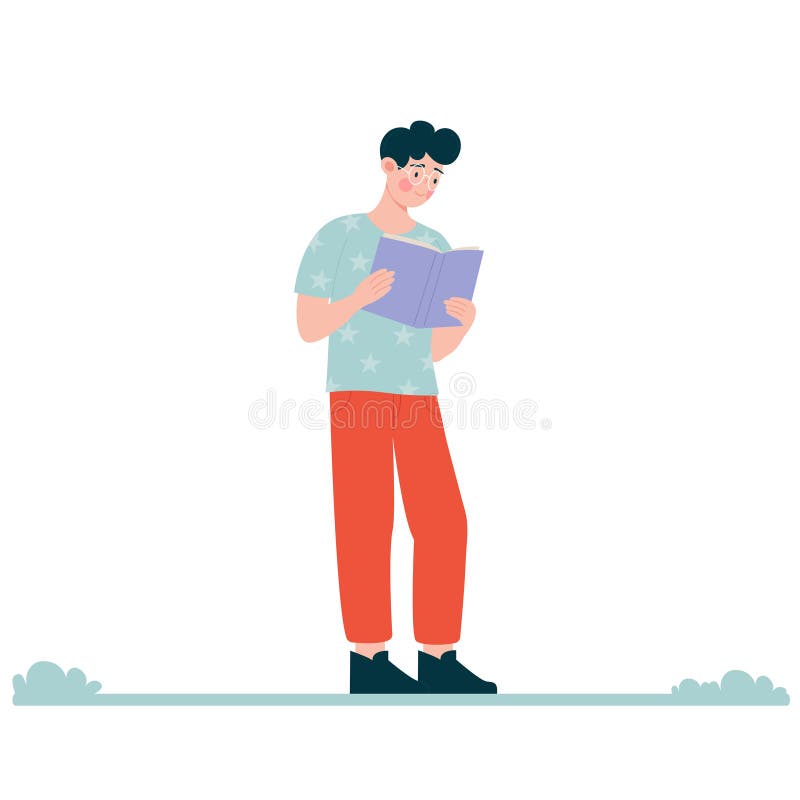 Man in Glasses is Walking and Reading a Book. Vector Illustration Stock ...