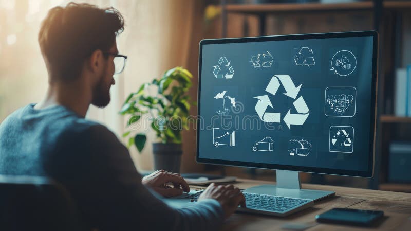 Man with Glasses Working on a Computer with a Recycling Icon on Screen ...