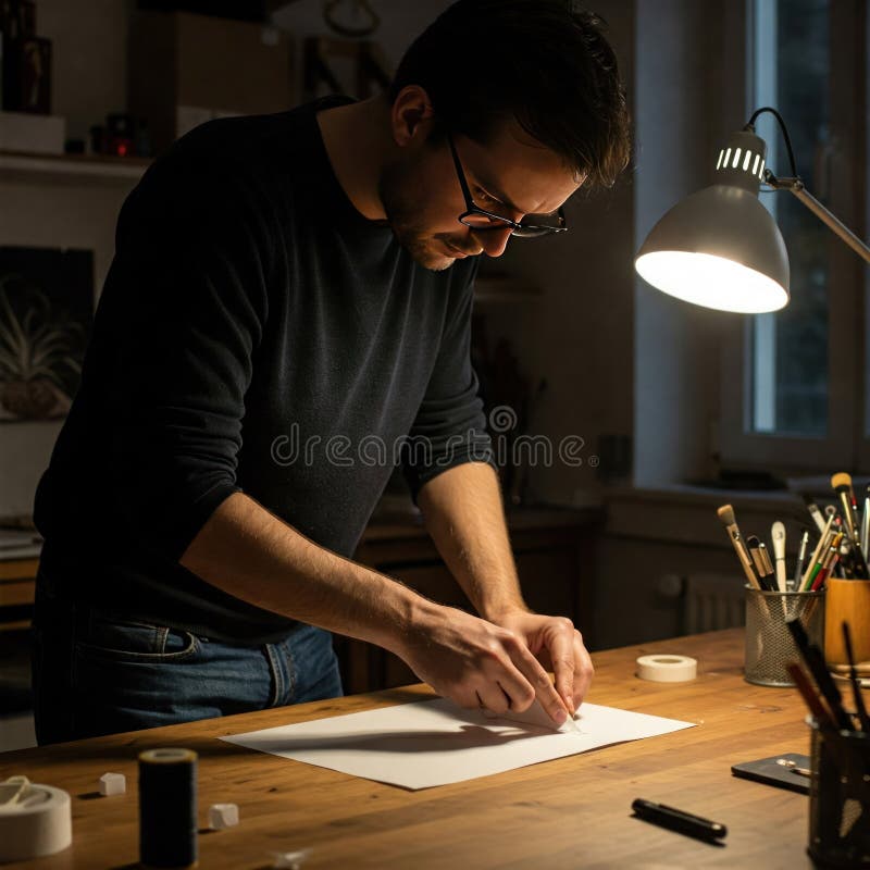 A Man in Glasses is Working Intently at a Table Under a Lamp. Stock ...
