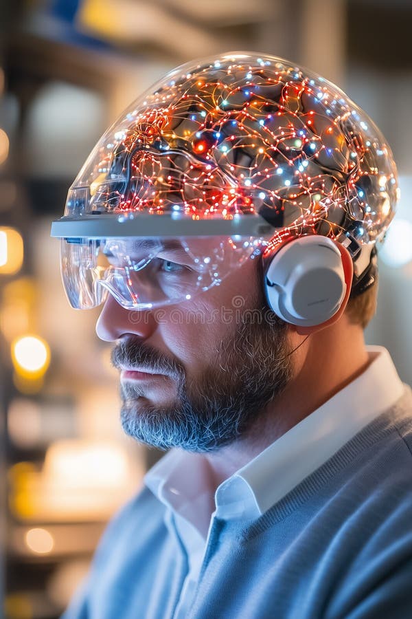 A Man in a Glowing Helmet with Circuits Shows Off Cutting-edge Tech in ...