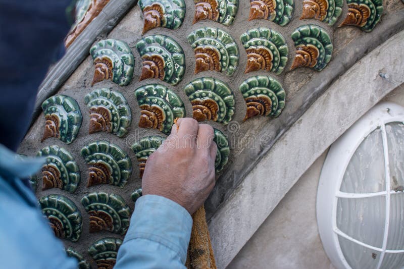 Man Gluing Ceramic Tile on Naga Stair in Temple, Construction Naga ...