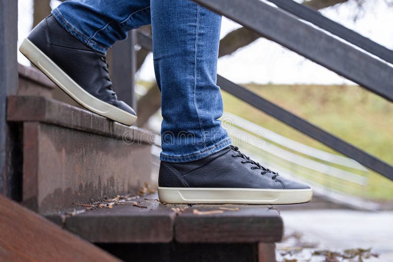 Man Going Down Wooden Stairs in Rainy Weather Stock Image - Image of ...
