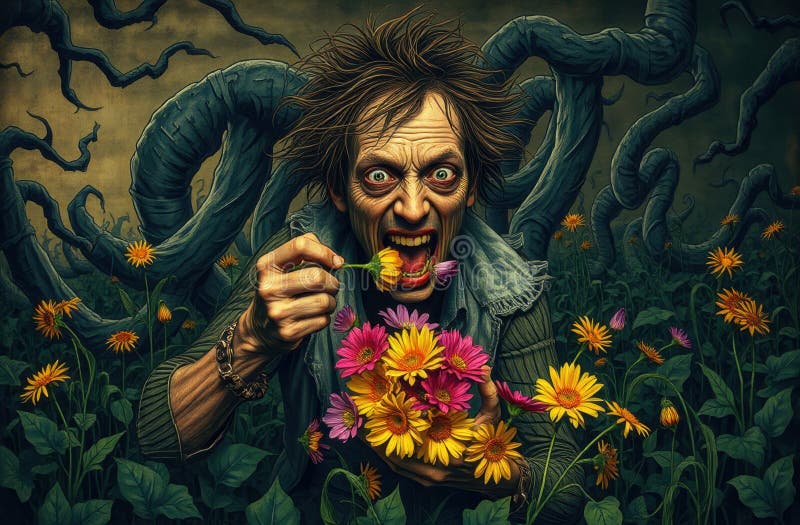 A Man Going Insane and Eating Flowers at 2-1-2025 Stock Illustration ...
