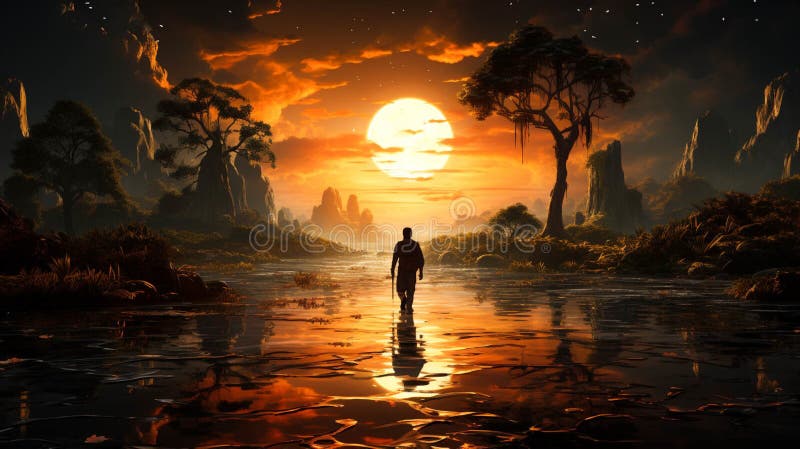 A Man Going on a Path in the Water at Sunset Moment Stock Photo - Image ...