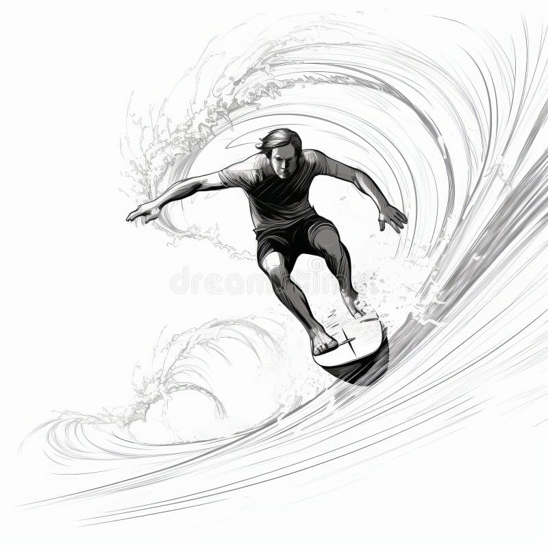 High-speed Surfer: Detailed Black and White Drawing of a Wave Rider ...