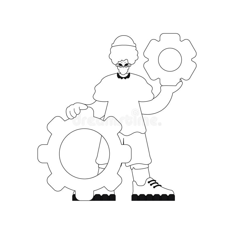 Man Grasps Gears in Hands, Linear Style Vector Illustration. Stock ...